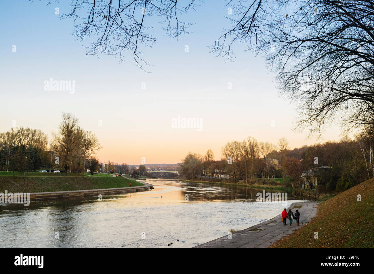 Fall landscape of Neris river at sunset through Vilnius, Lithuania ...