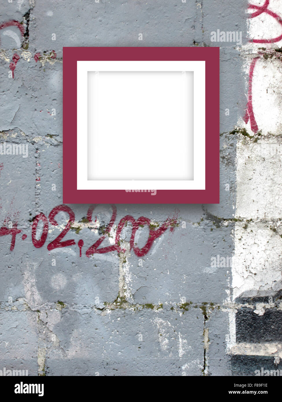 Red square frame on gray and purple graffiti wall background Stock ...