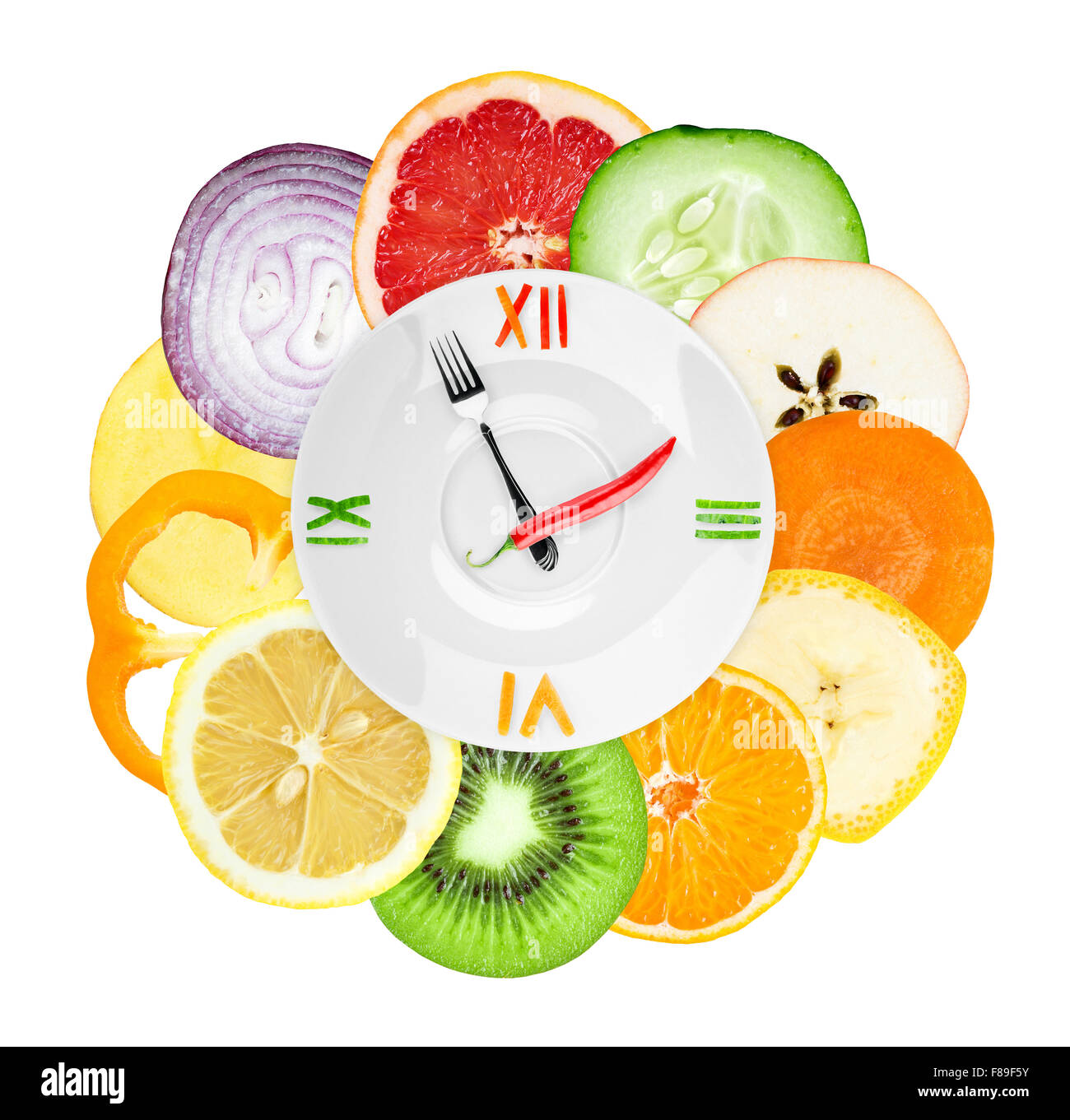 Food clock with sliced vegetables and fruits. Healthy food concept ...