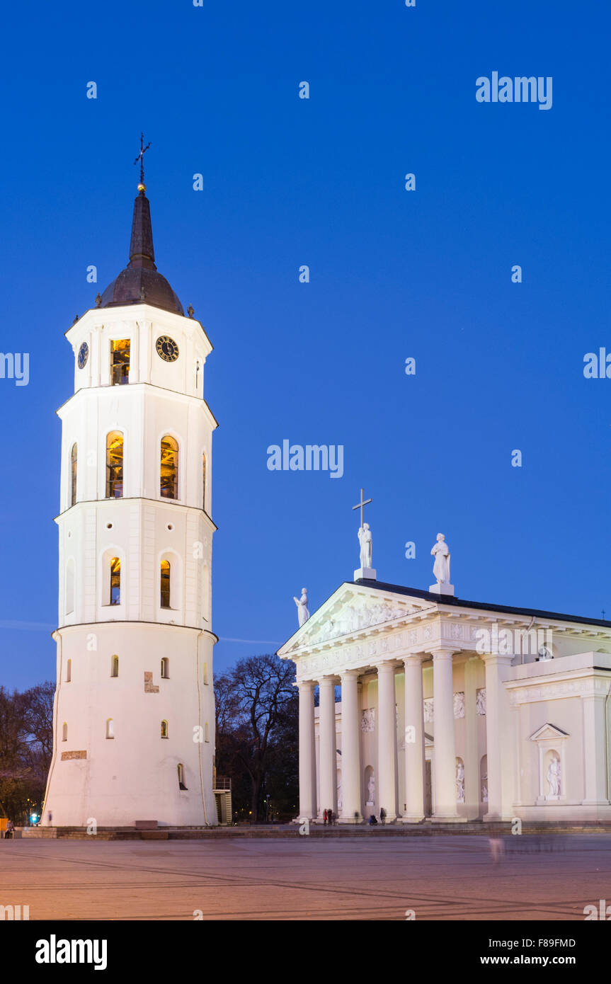 Vilnius Cathedral and Belfry illuminated at night. Cathedral Square ...