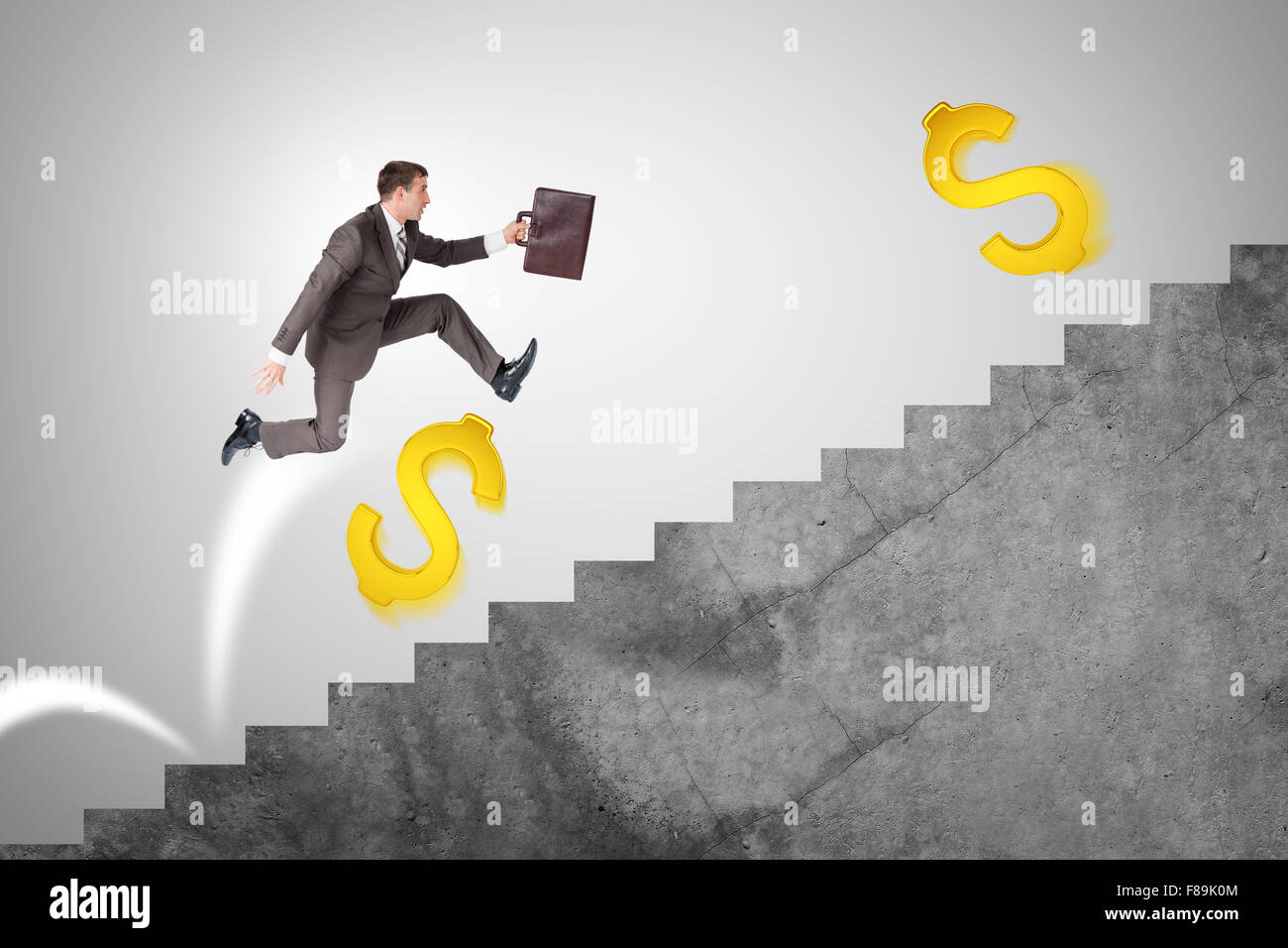 Man running up stairs with gold dollar signs Stock Photo - Alamy