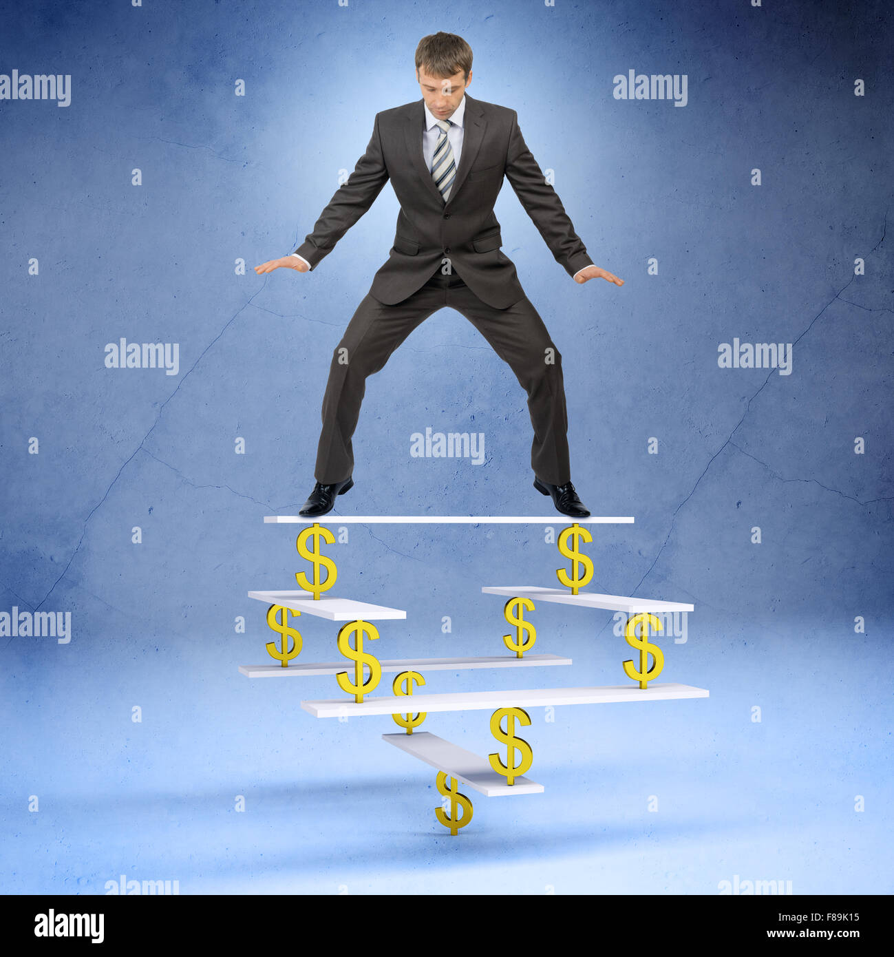 Businessman standing on balance with dollar sign Stock Photo - Alamy