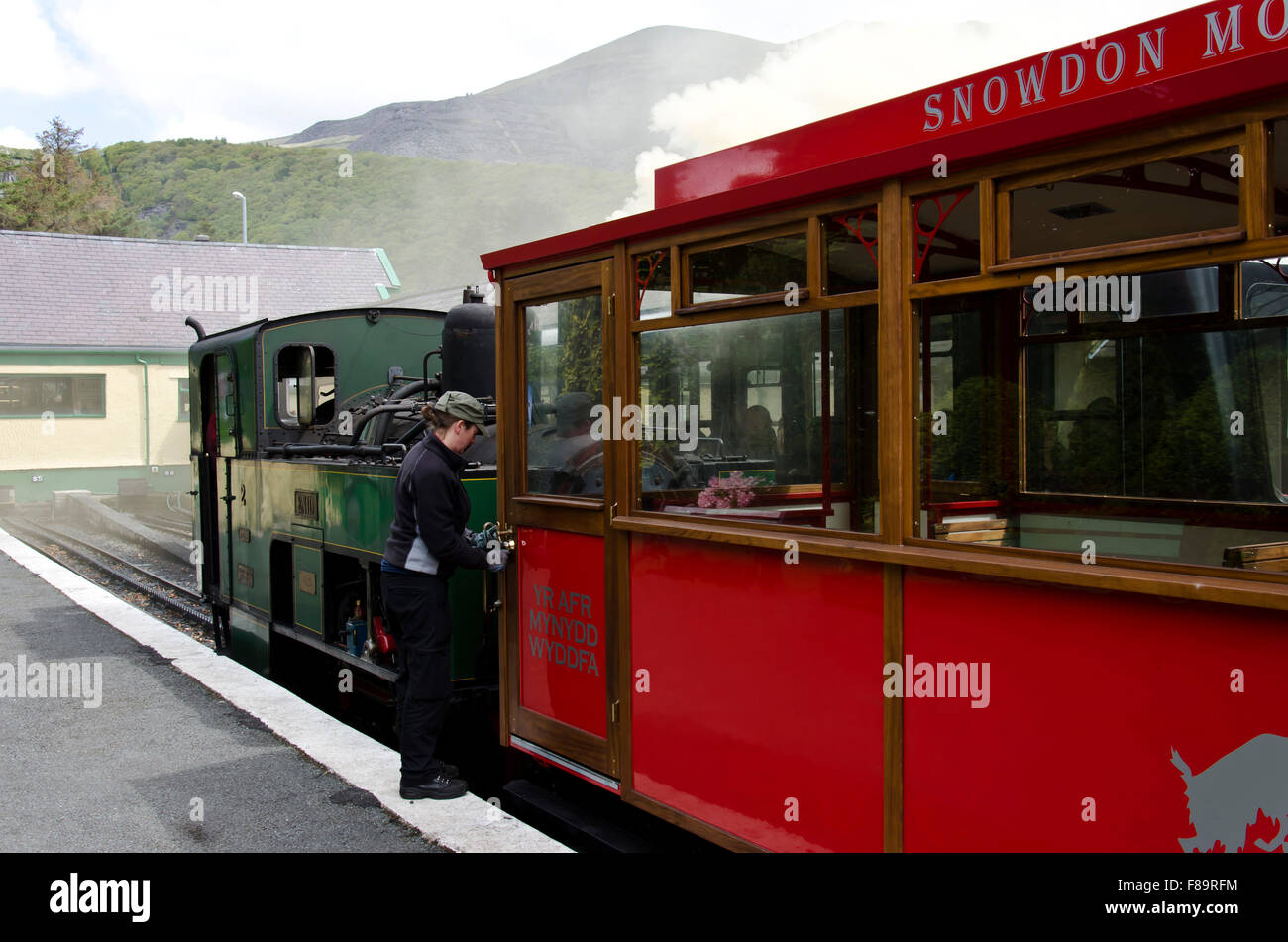 Steam powered train on the Snowdon Mountain Railway at the station in Llanberis, North Wales ...