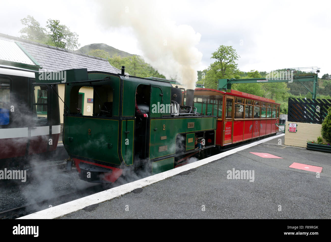 Steam powered train on the Snowdon Mountain Railway at the station in ...