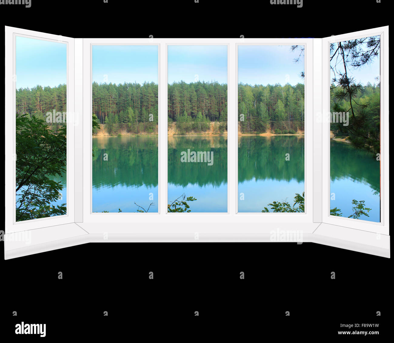 window with view to the forest lake Stock Photo - Alamy
