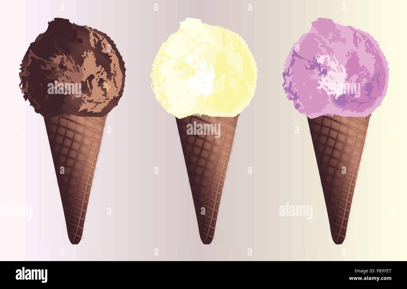 Three ice cream comes vanilla chocolate strawberry over a coloured ...