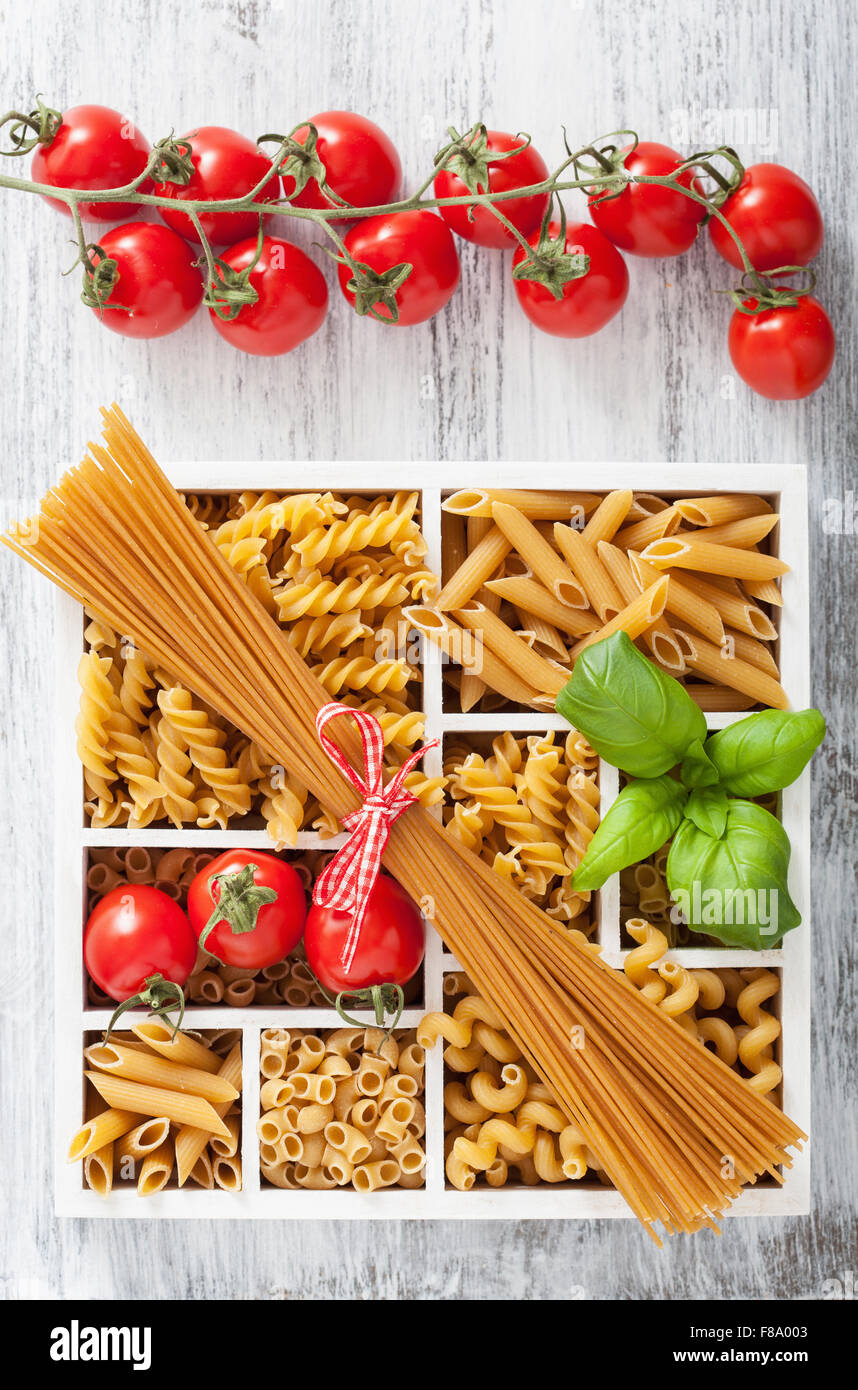 various raw wholegrain pasta in white wooden box Stock Photo - Alamy