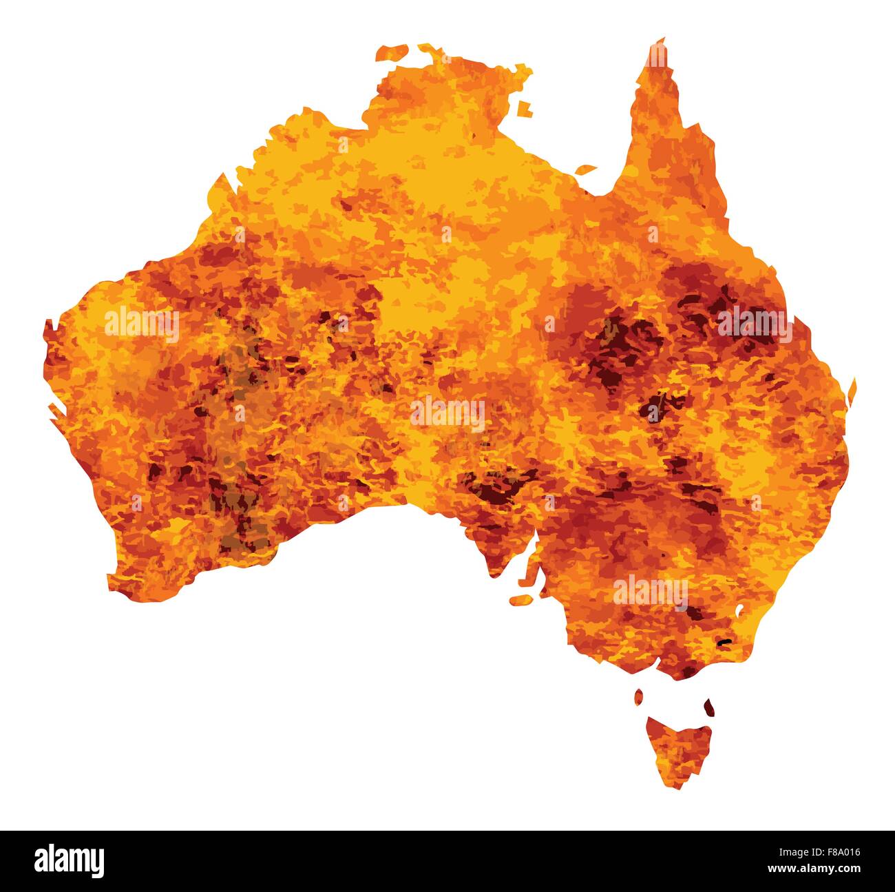 Silhouette map of Australia over a white background with flames inset ...