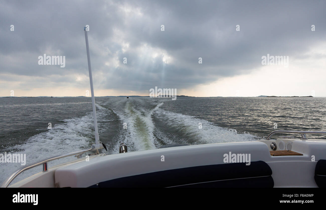 View backwards on day-cruiser in high speed with spectacular view of ...