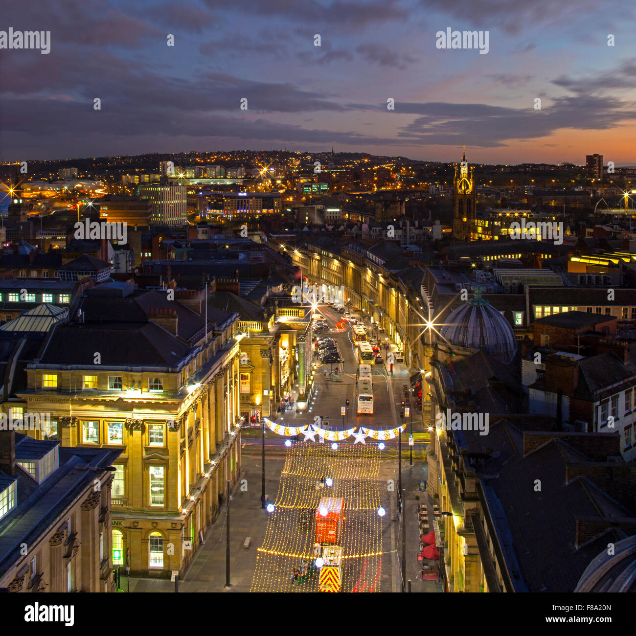 A view at dusk of Newcastle upon Tyne at Christmas from Grey's Monument ...