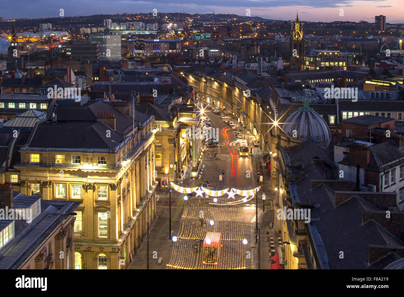 A view at dusk of Newcastle upon Tyne at Christmas from Grey's Monument ...