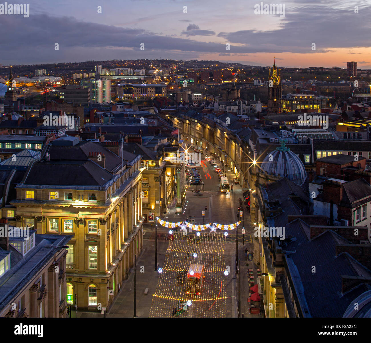 A view at dusk of Newcastle upon Tyne at Christmas from Grey's Monument ...
