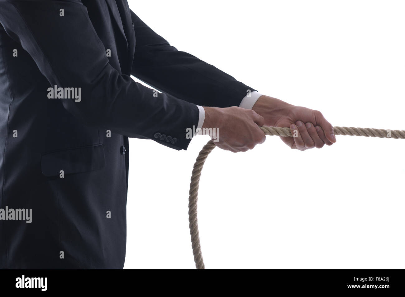 Business man pulling and bond tied with rope concept isolated on white ...