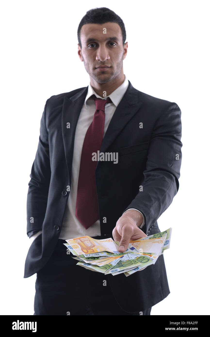 Portrait of a business man holding and catch falling money bills ...
