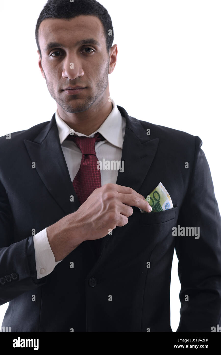 Portrait of a business man holding and catch falling money bills ...