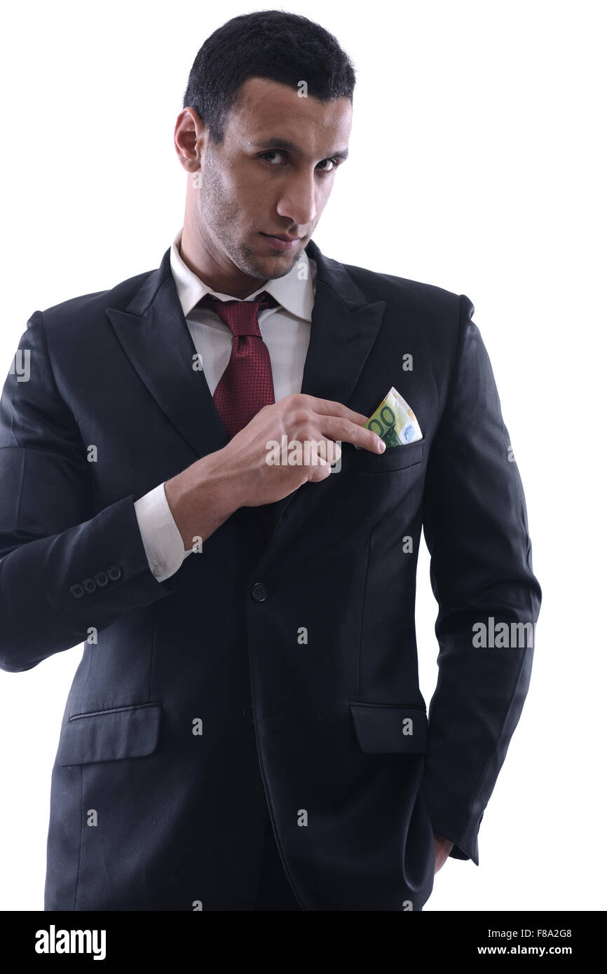 Portrait of a business man holding and catch falling money bills ...