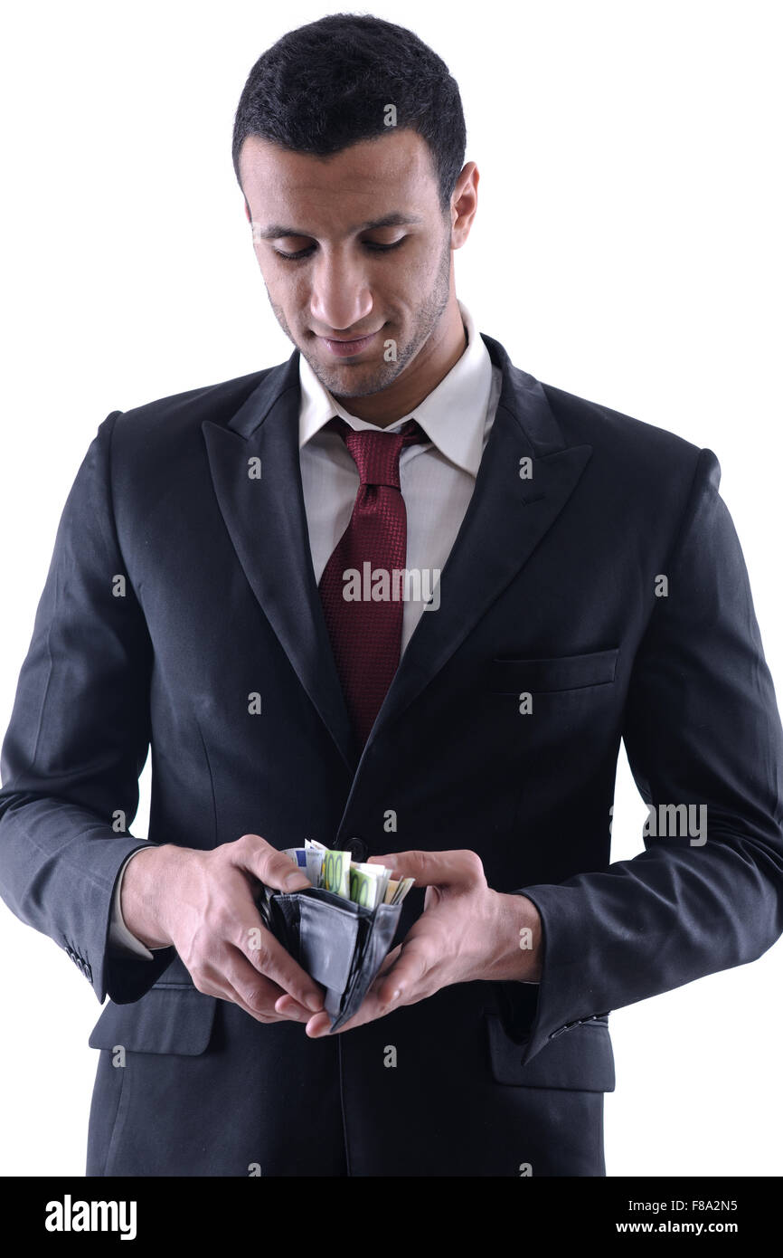 Portrait of a business man holding and catch falling money bills ...