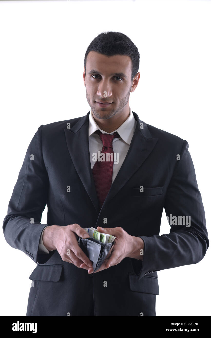 Portrait of a business man holding and catch falling money bills ...