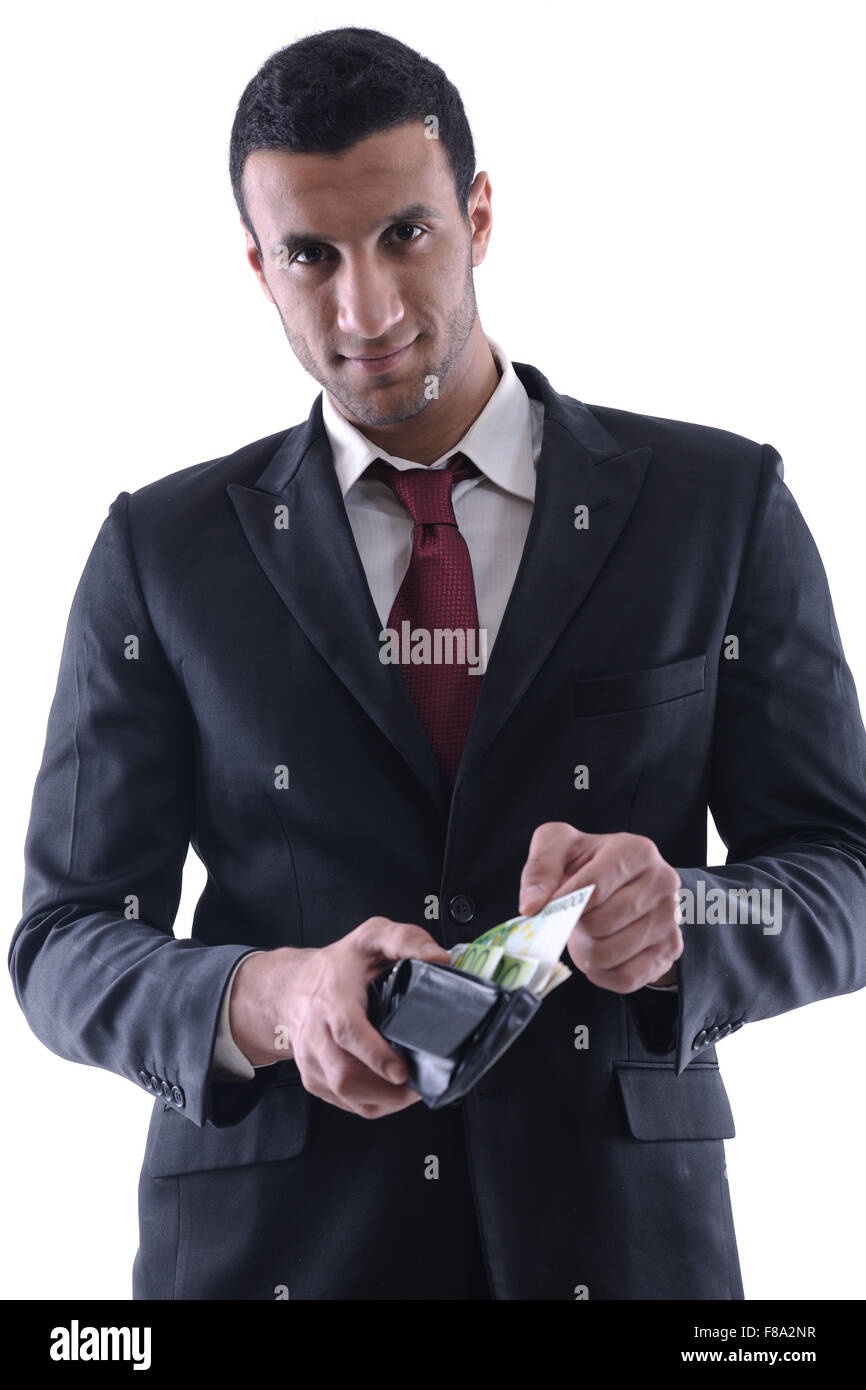 Portrait of a business man holding and catch falling money bills ...