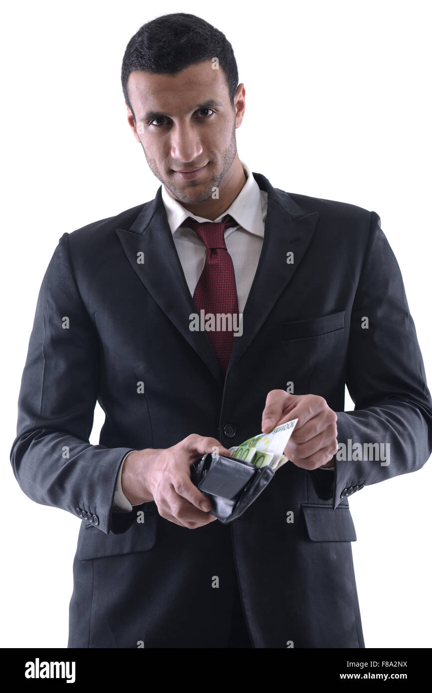 Portrait of a business man holding and catch falling money bills ...