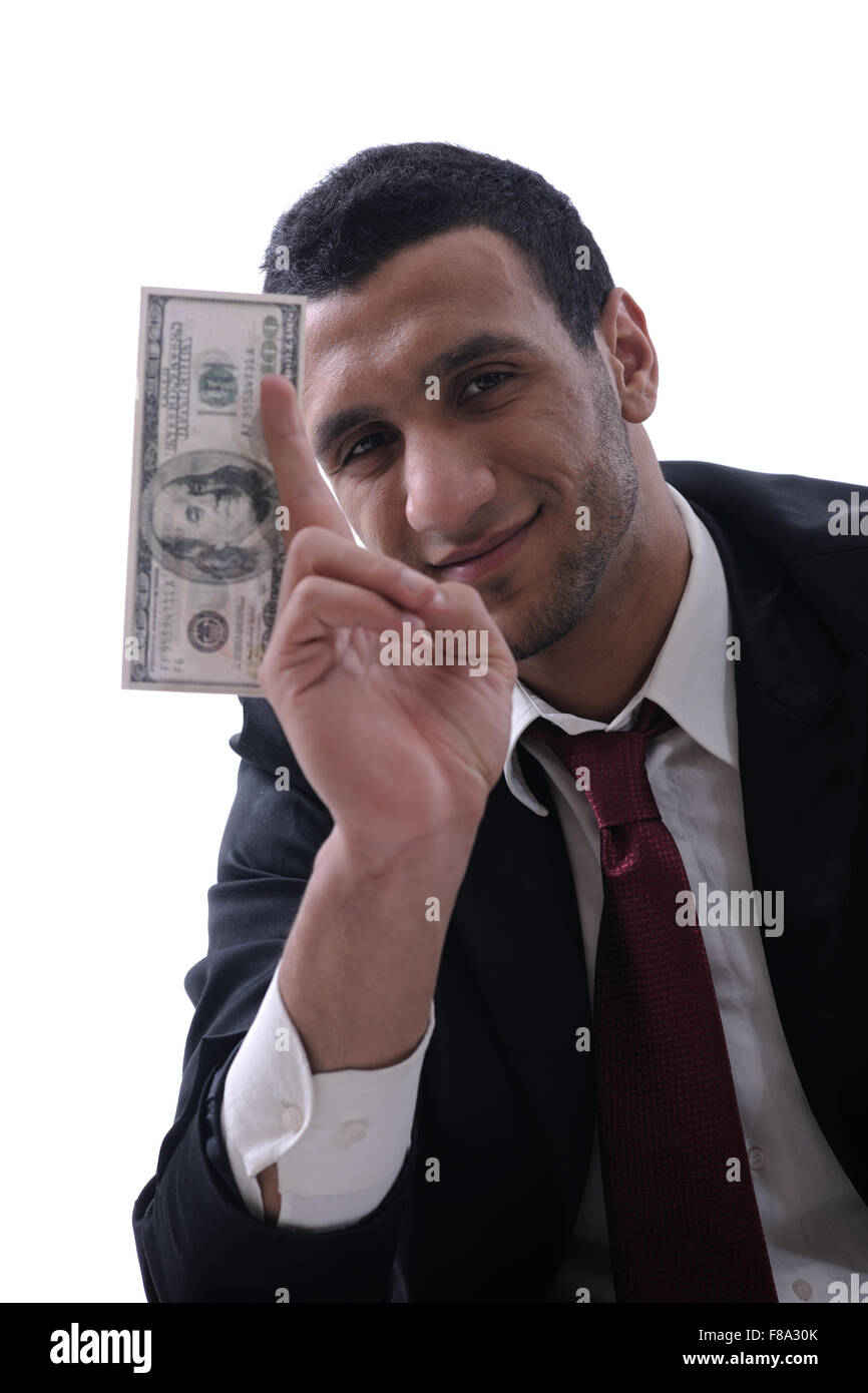 Portrait of a business man holding and catch falling money bills ...