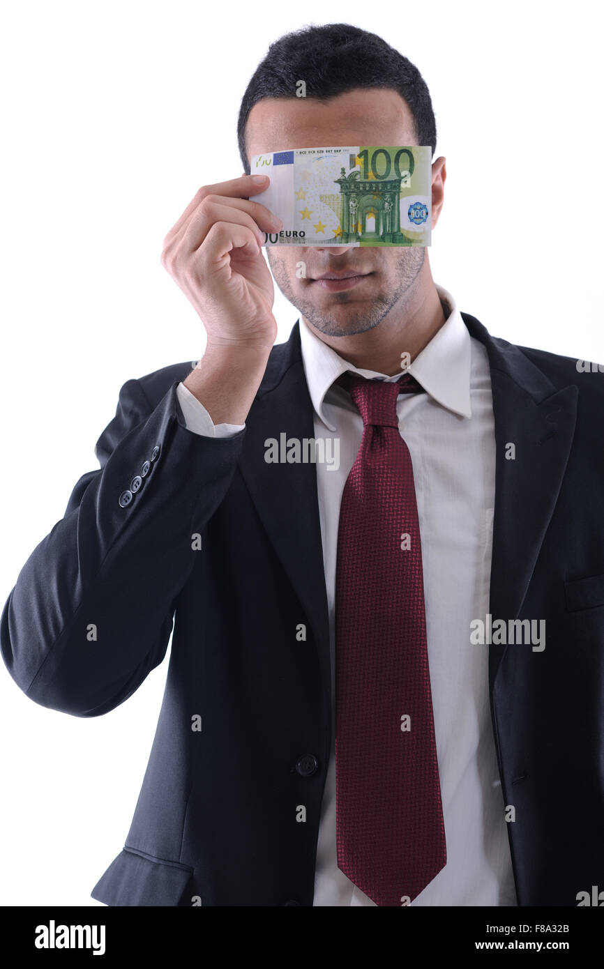 Portrait of a business man holding and catch falling money bills ...