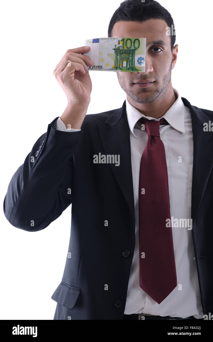 Portrait of a business man holding and catch falling money bills ...