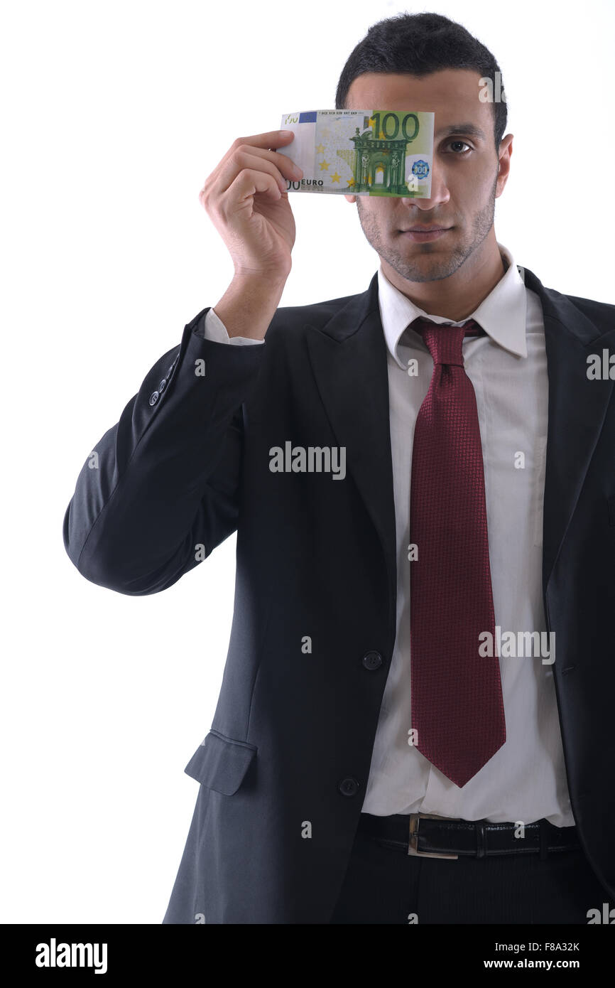 Portrait of a business man holding and catch falling money bills ...