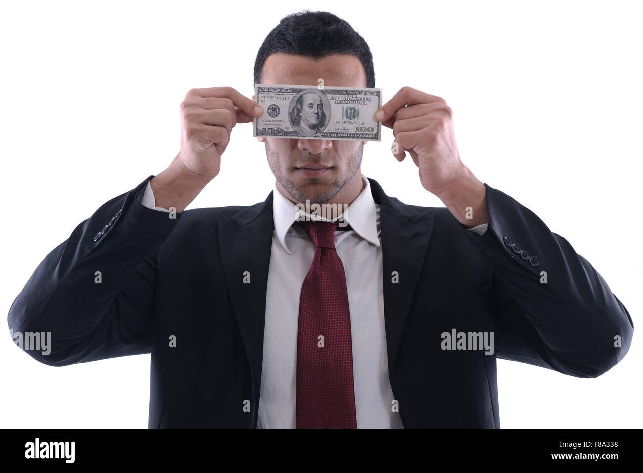 Portrait of a business man holding and catch falling money bills ...