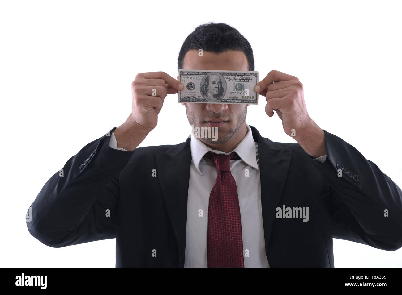 Portrait of a business man holding and catch falling money bills ...