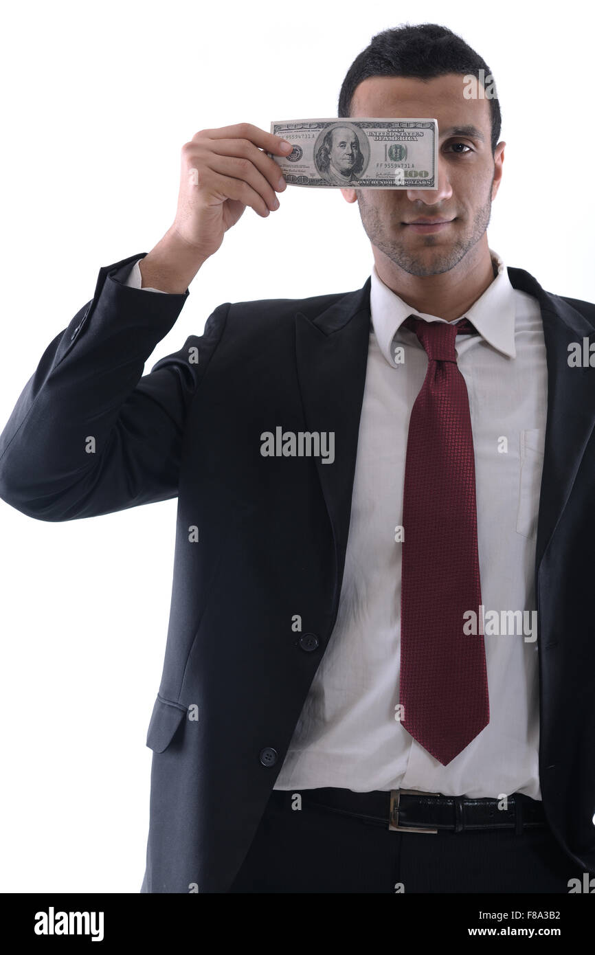 Portrait of a business man holding and catch falling money bills ...