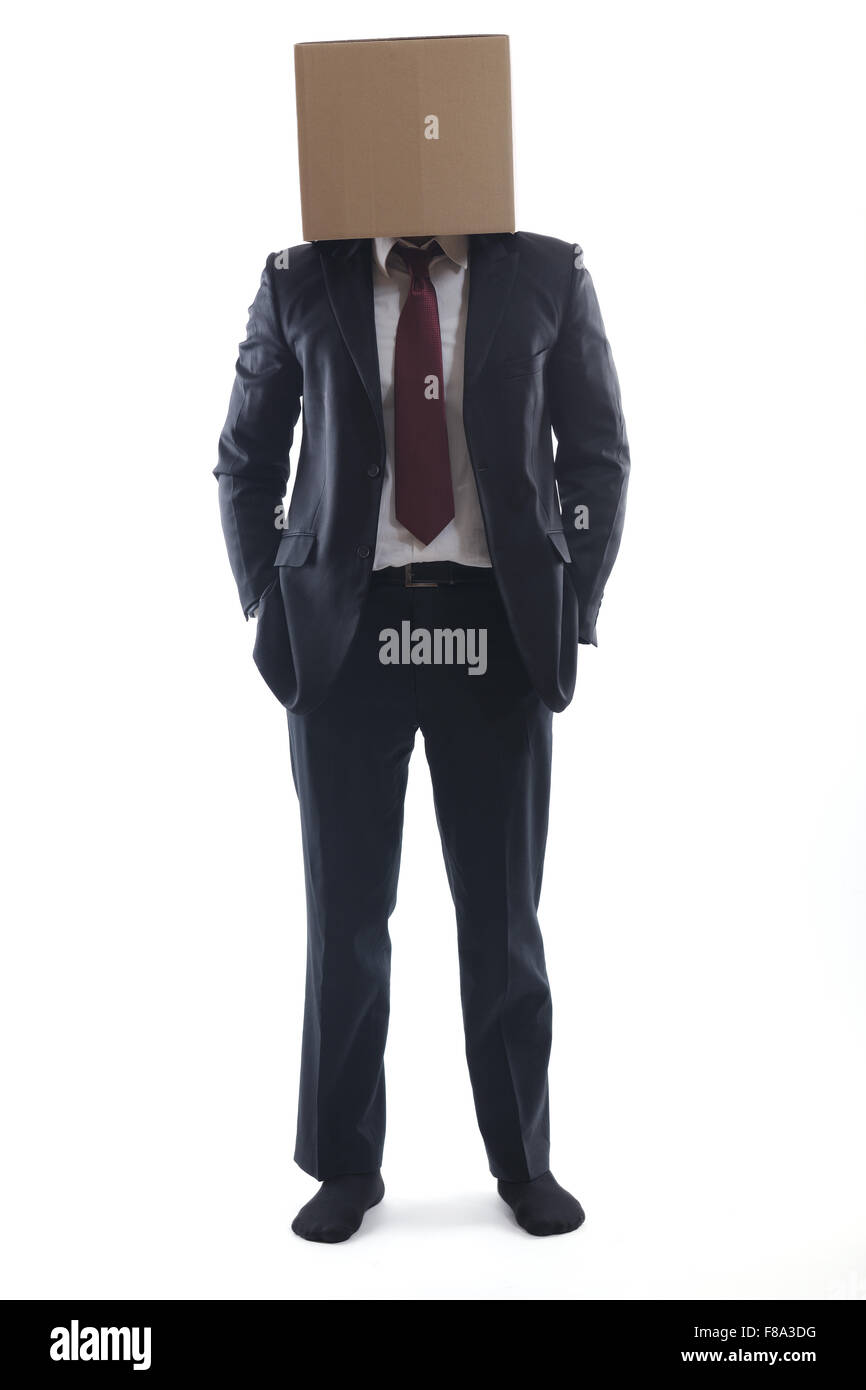 anonymous business man with a cardboard box on his head concealing his ...