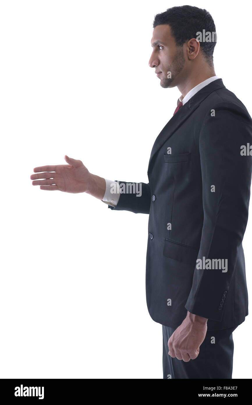 Confident business man giving you a hand shake on white background ...