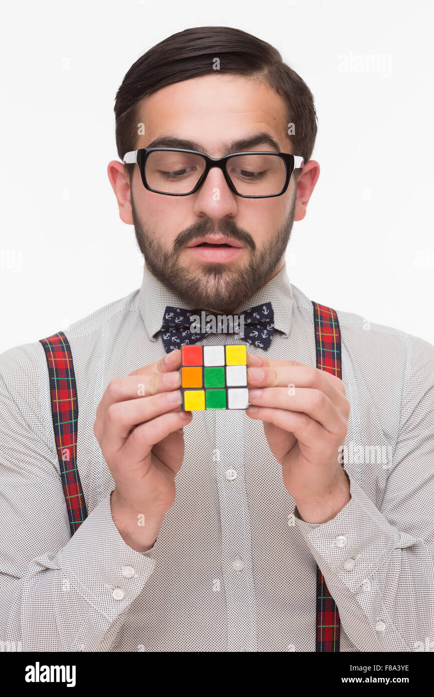 Handsome boy nerd with rubik's cube Stock Photo - Alamy