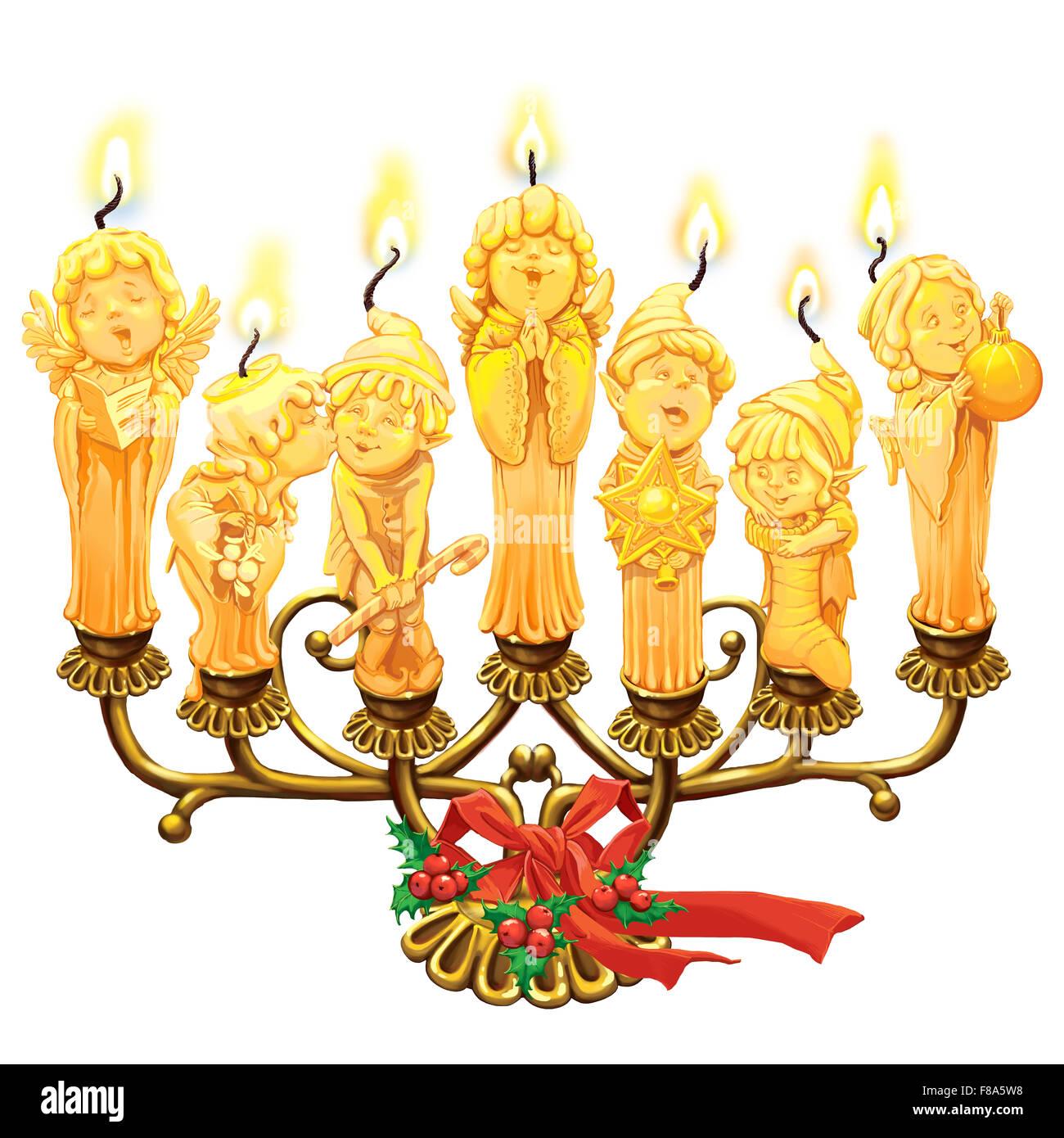 Seven magical Christmas candle in a candlestick on white background ...