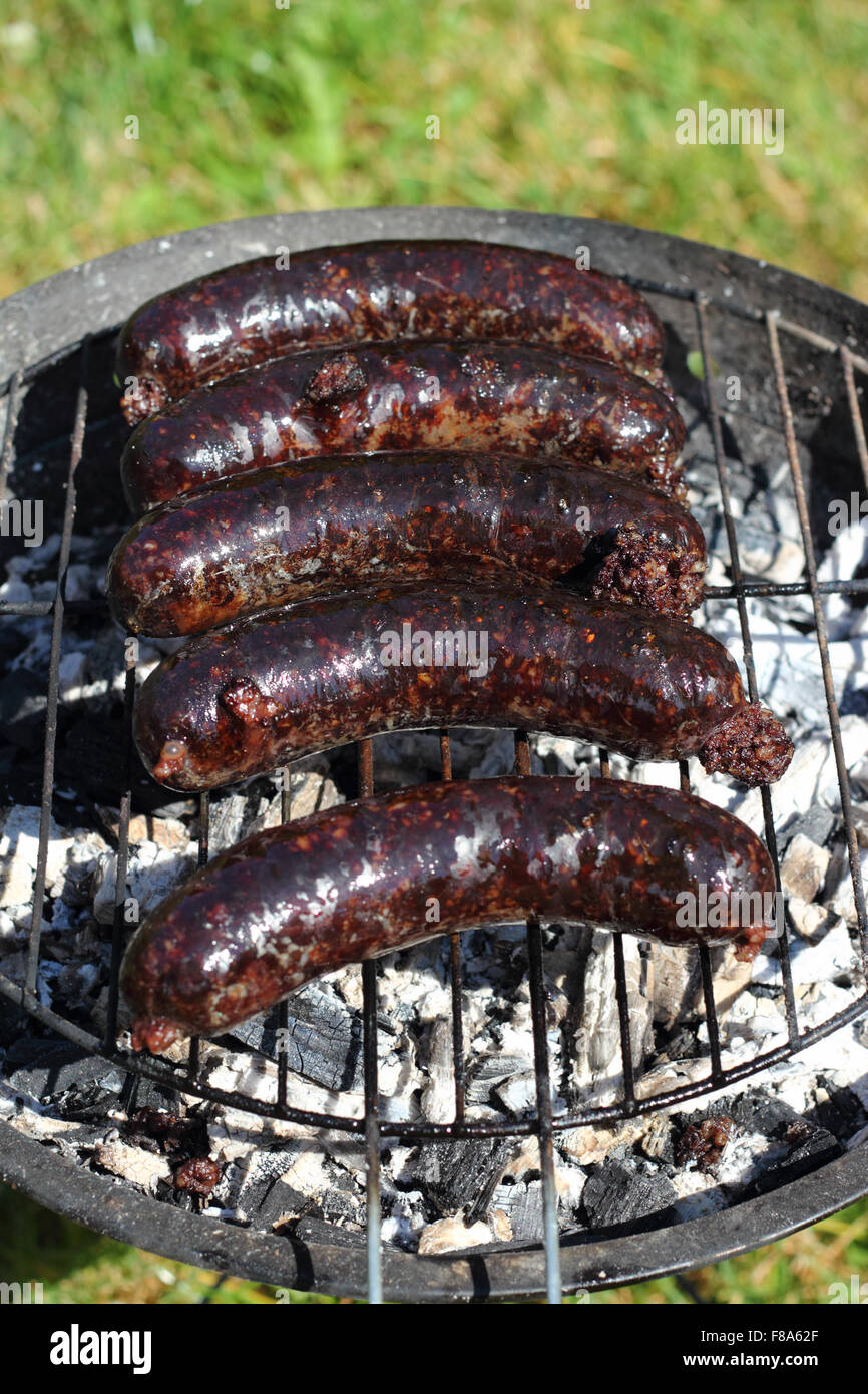 Grilling Blood Sausages on barbecue grill Stock Photo - Alamy