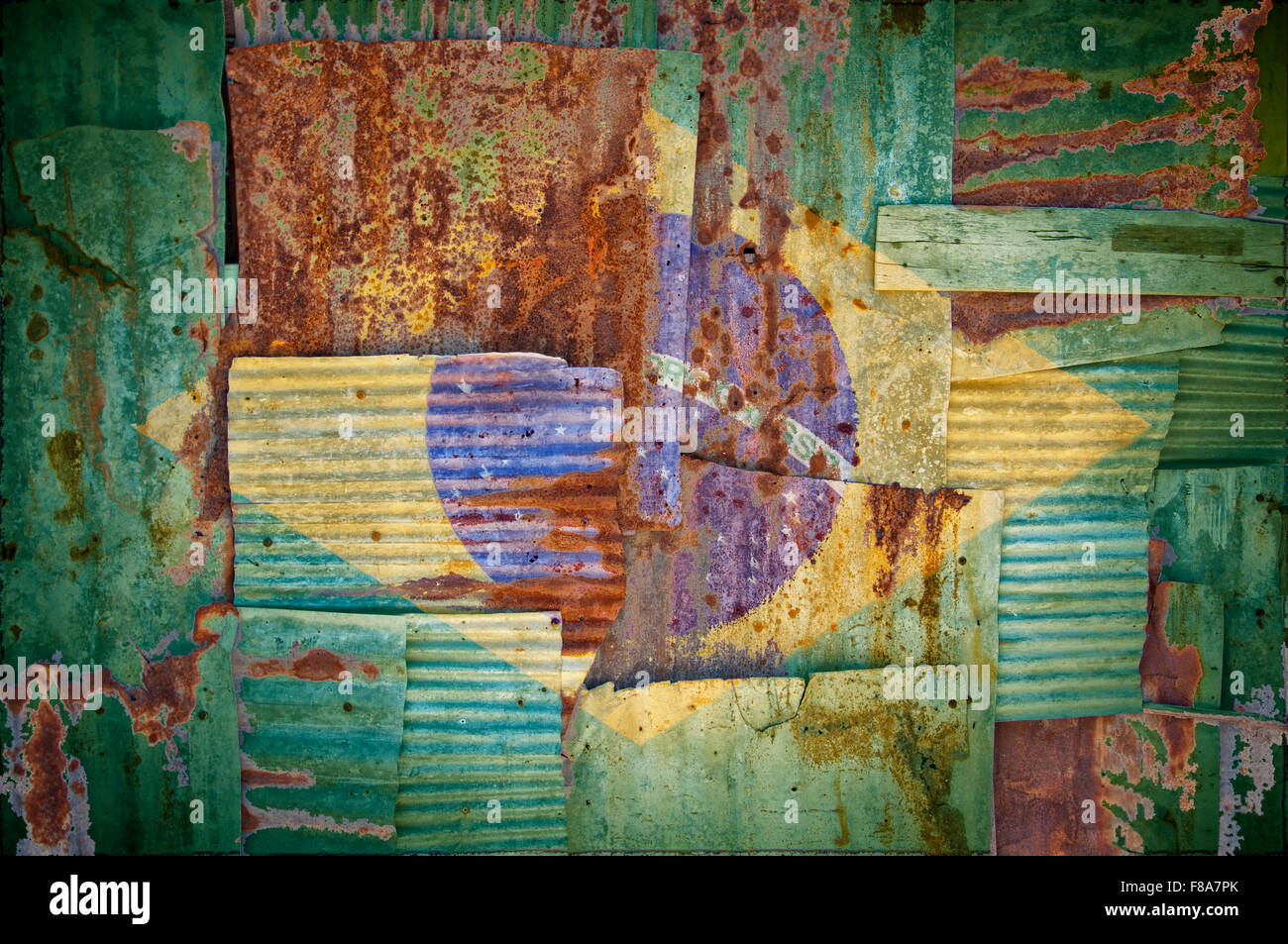 An abstract background image of the flag of Brazil painted on to rusty ...