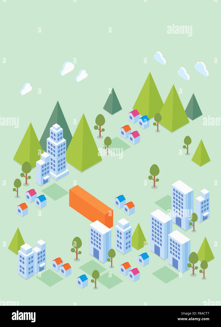Image of town with buildings, houses, trees and mountains Stock Photo ...