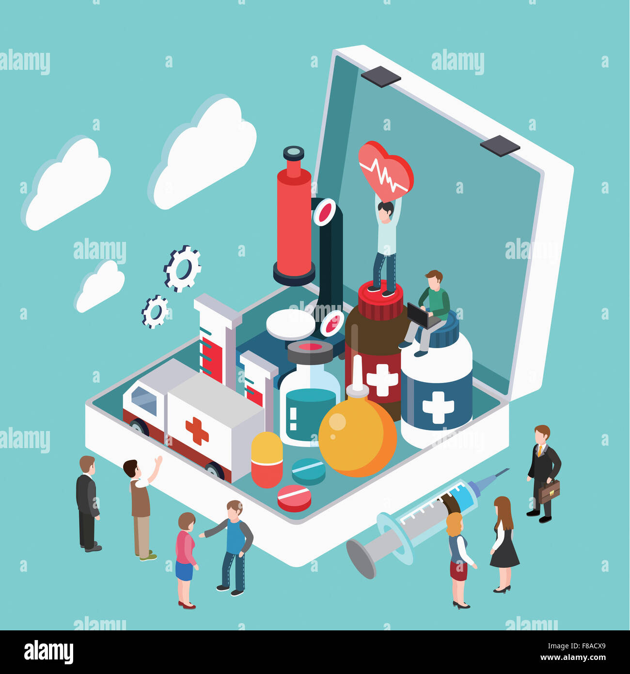 People with objects for medicine in a first aid kit Stock Photo - Alamy