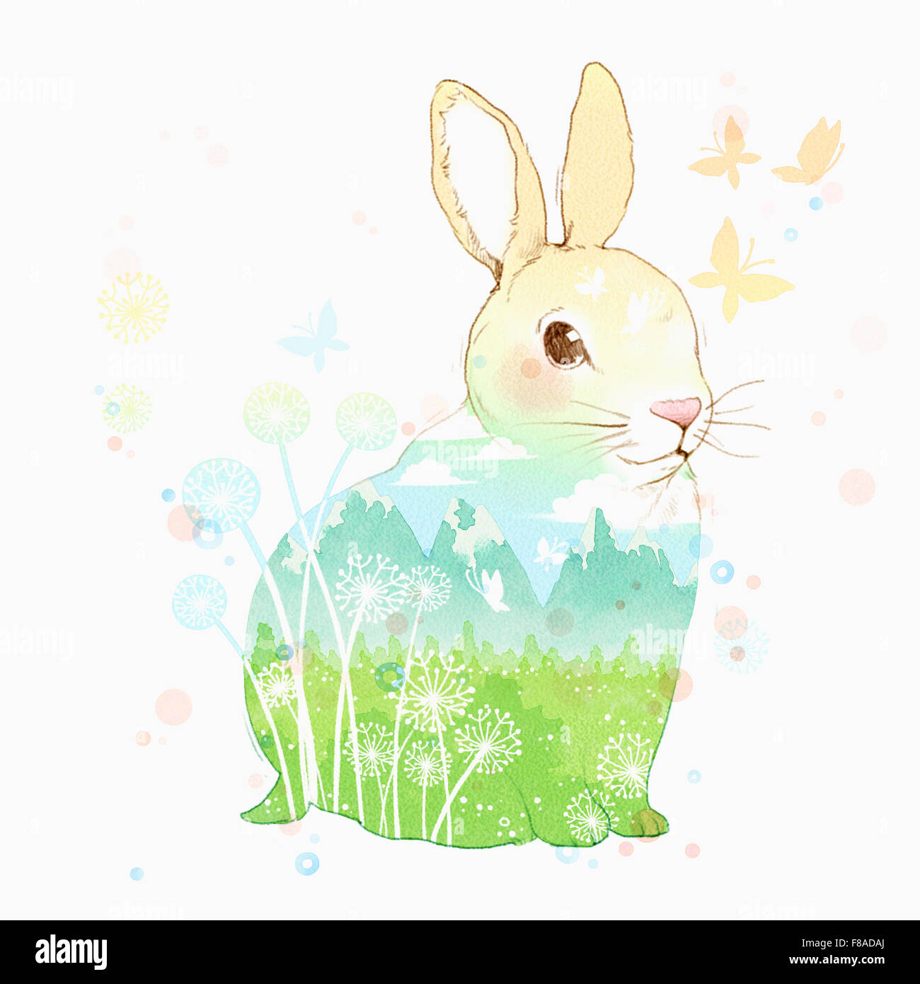 Watercolor rabbit with plants and mountains Stock Photo - Alamy