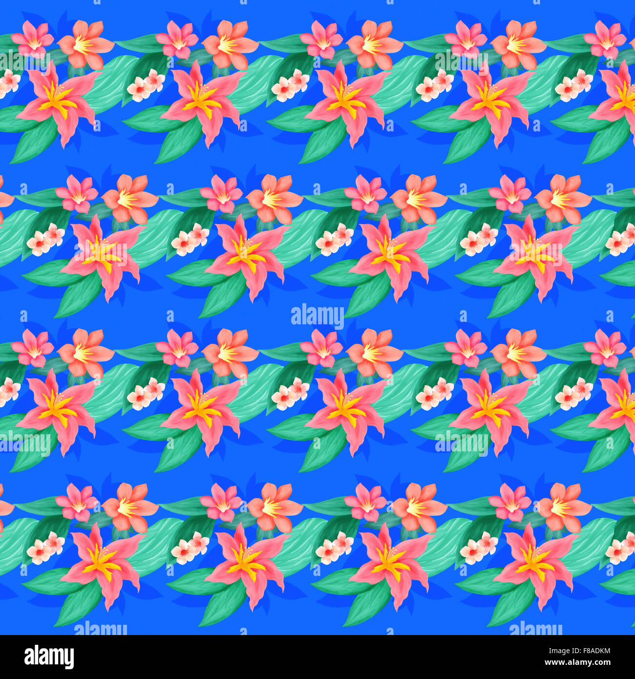 Consecutive pattern of tropical fancy flowers and leaves against blue ...