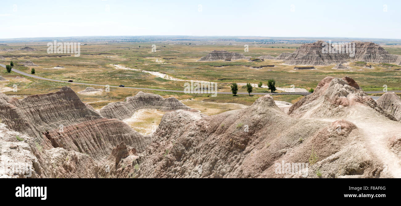 Panorama of Badlands National Park, showing the sharp cliffs and ...