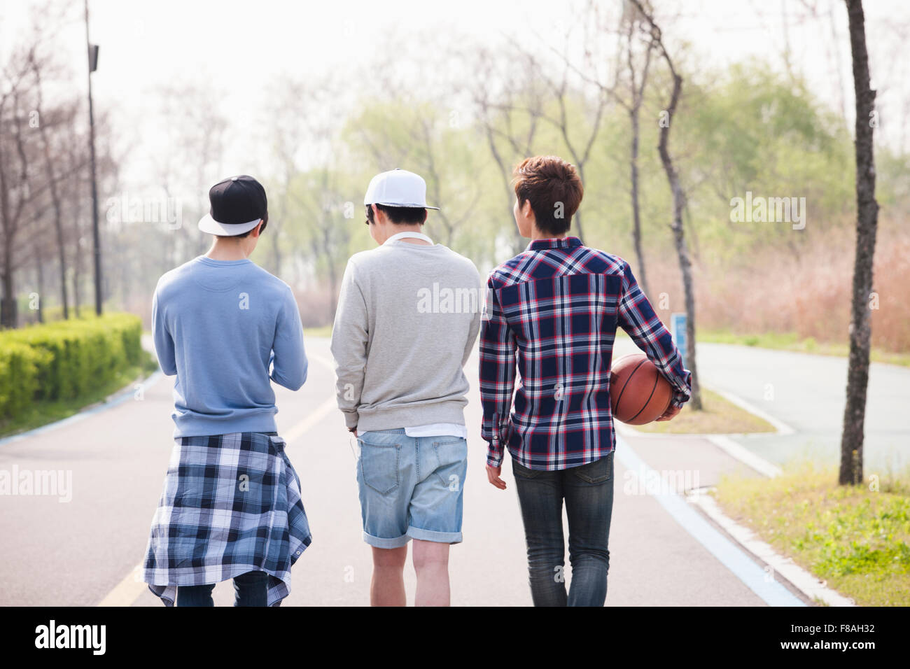 Back appearance of three men walking along the road in the park Stock ...