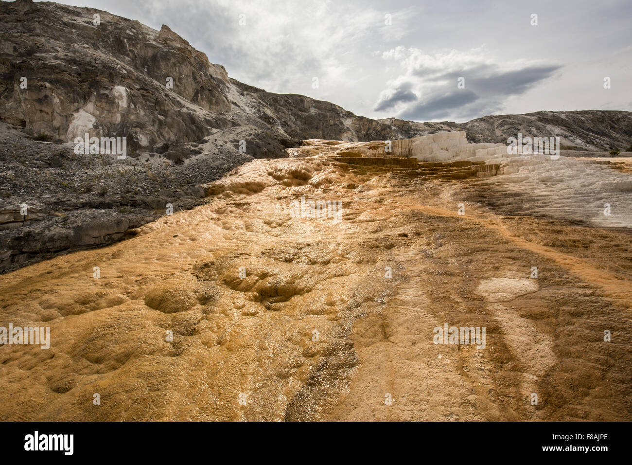 Geothermal flow of hot, carbonate rich water out of orange travertine ...
