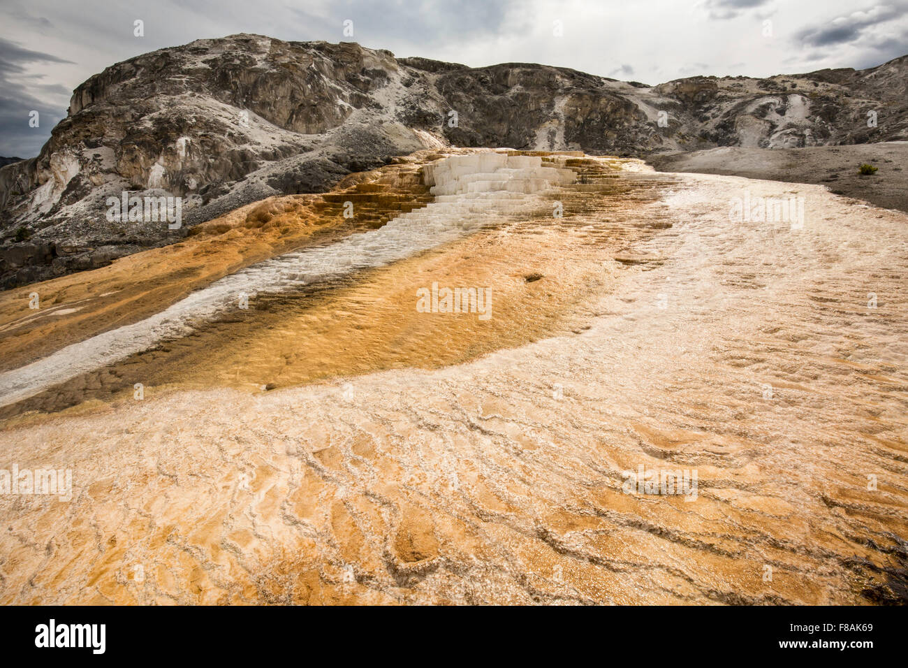 Geothermal flow of hot, carbonate rich water out of orange travertine ...