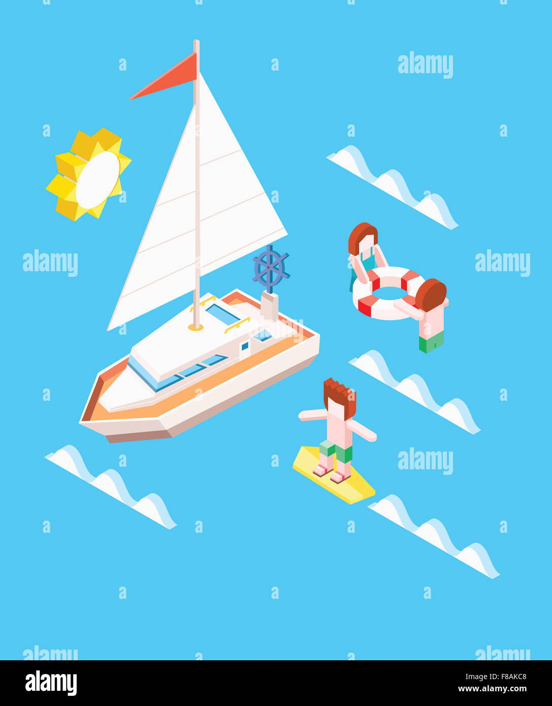 People enjoying vacaion with surfing board, tube, ship and the sun in ...