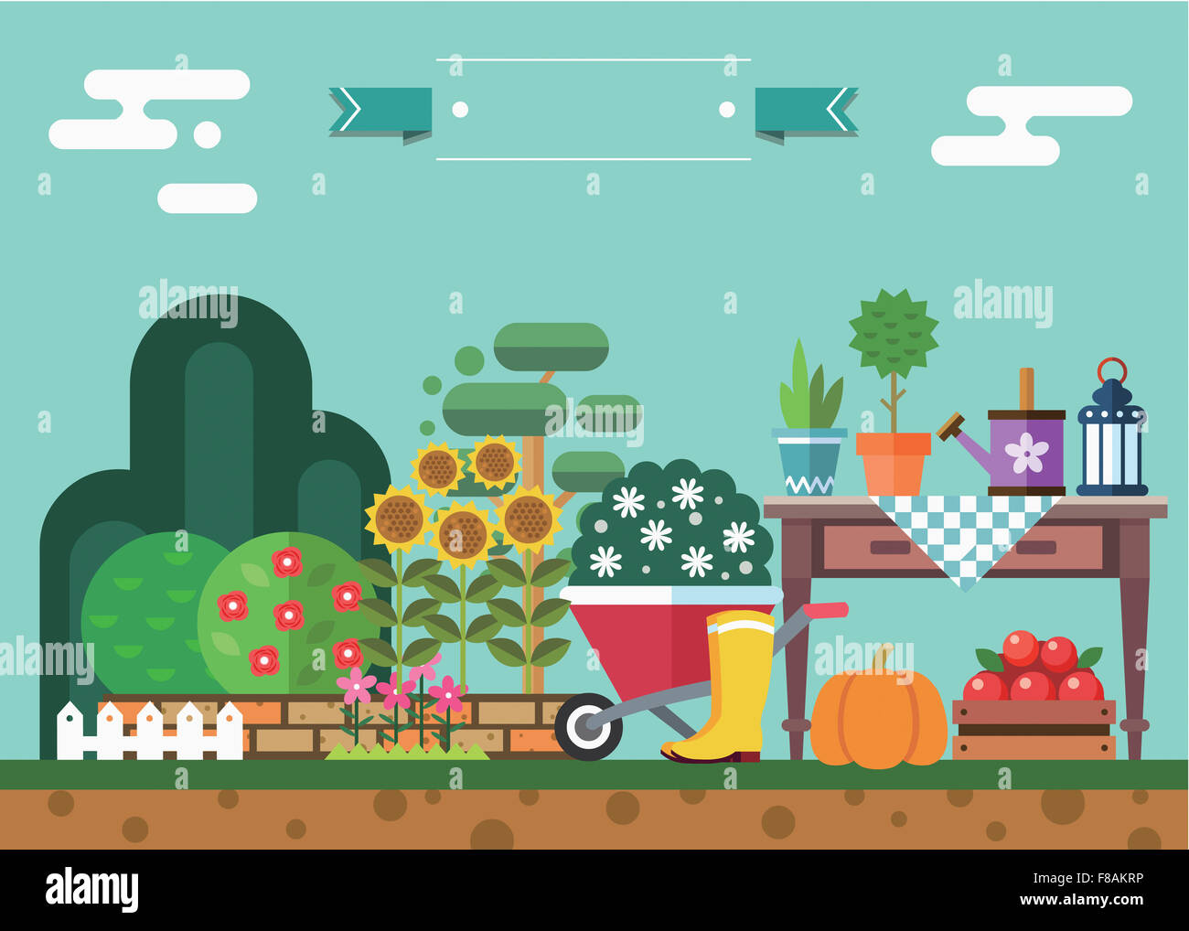 Various objects for gardening with flowers and plants in summer Stock ...