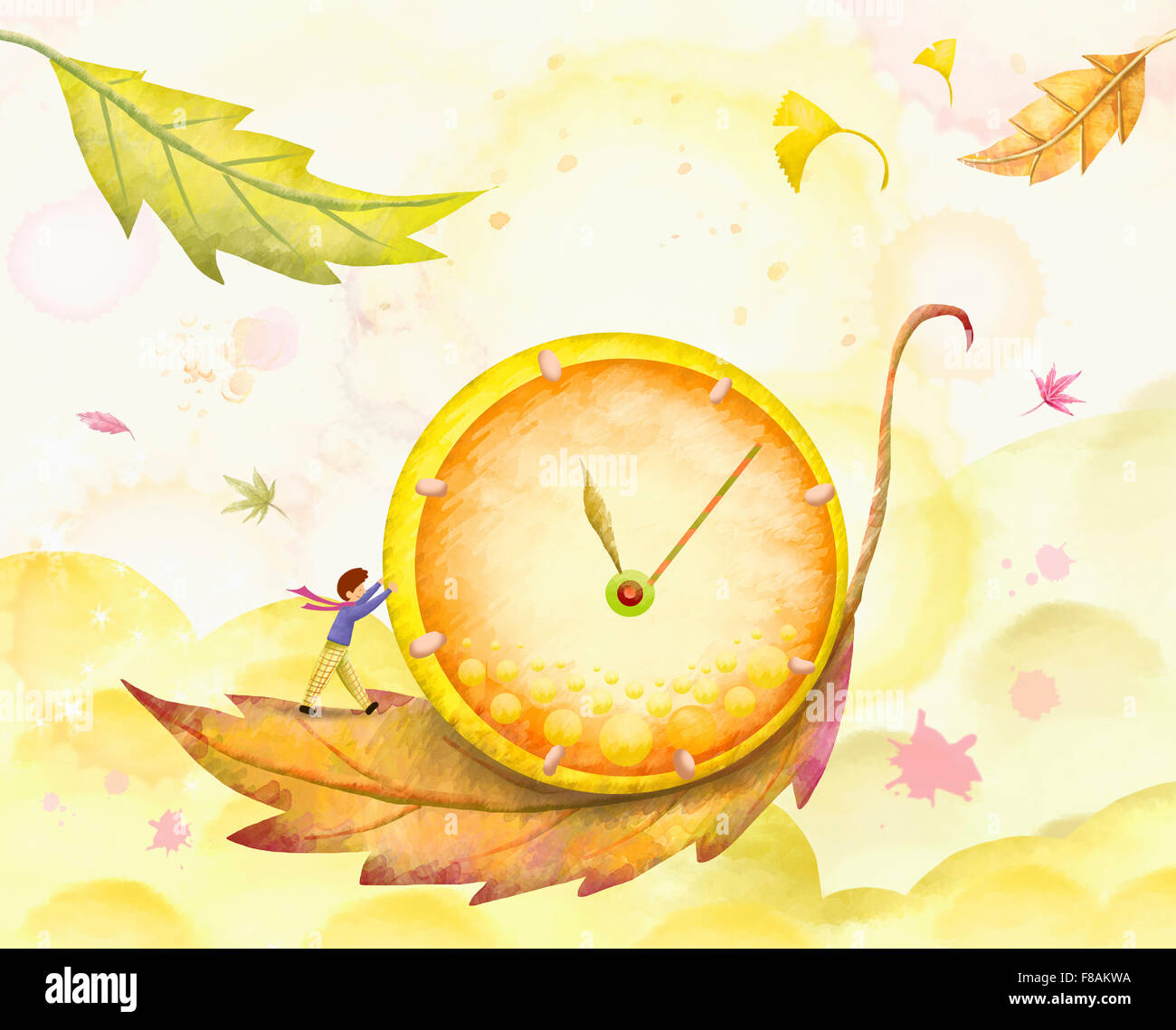Background of fall with a man pushing a clock and fallen leaves ...