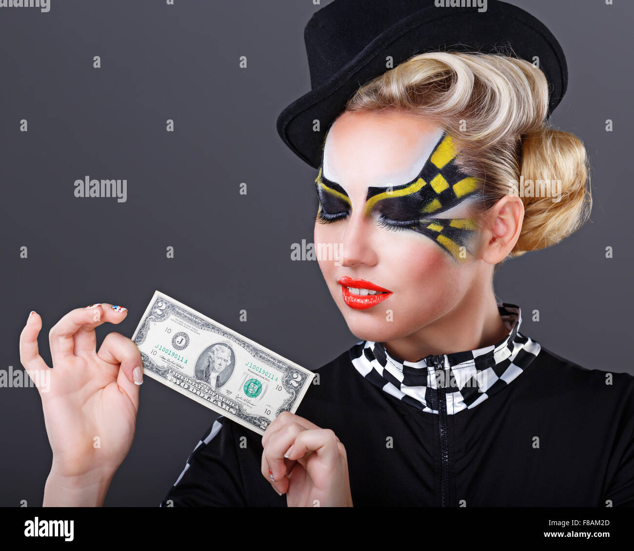 Girl Taxi Driver Holding Money Lovely Girl In A Hat And Face Art On A