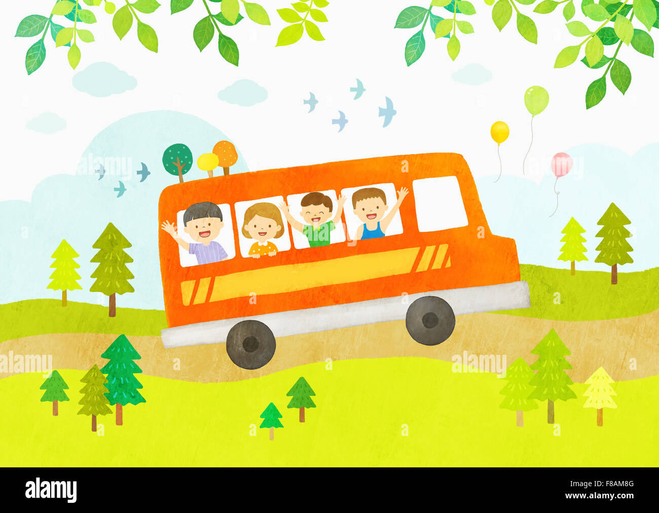 Four children in a bus in summer vacation Stock Photo - Alamy